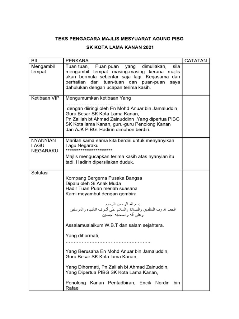 Teks Pengacara Majlis Mesyuarat Agung Pibg 2021 | PDF