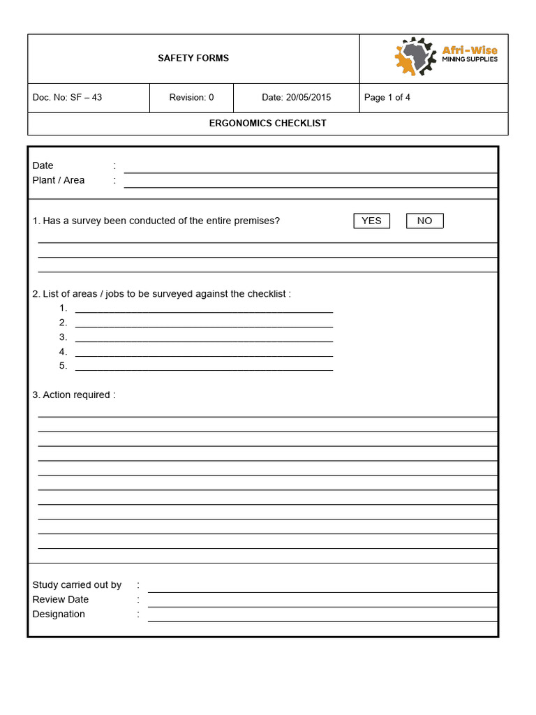 SF - 43 Ergonomics Checklist | PDF | Personal Protective Equipment | Safety