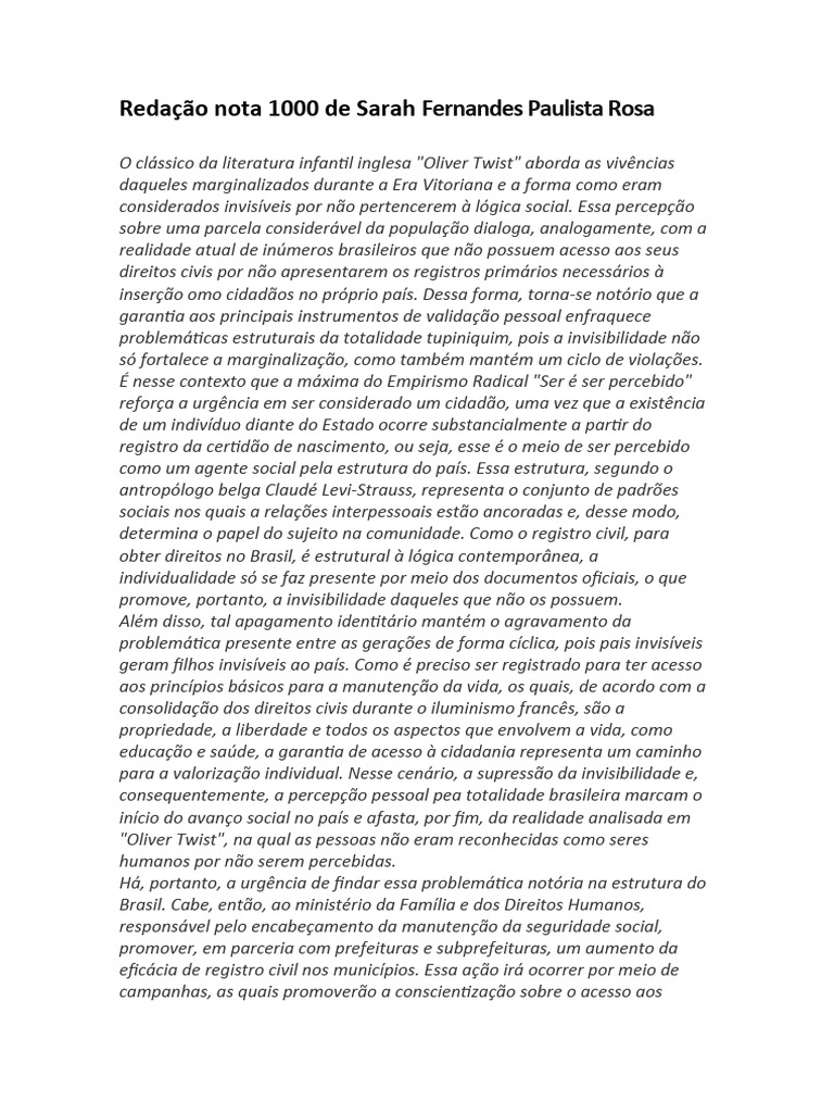 Redação nota 1000 de Sarah Fernandes Paulista Rosa | PDF | Sociologia ...