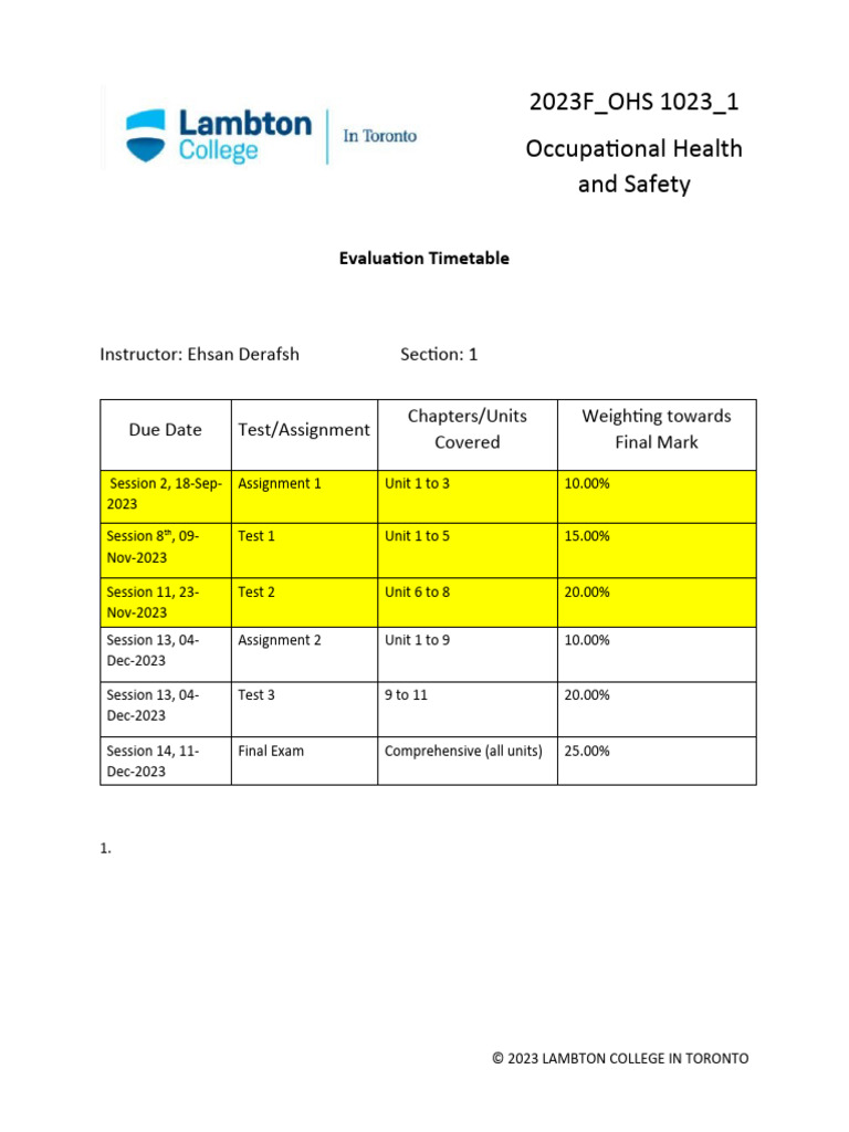 OHS 1023 Evaluation Timetable 2023 | PDF