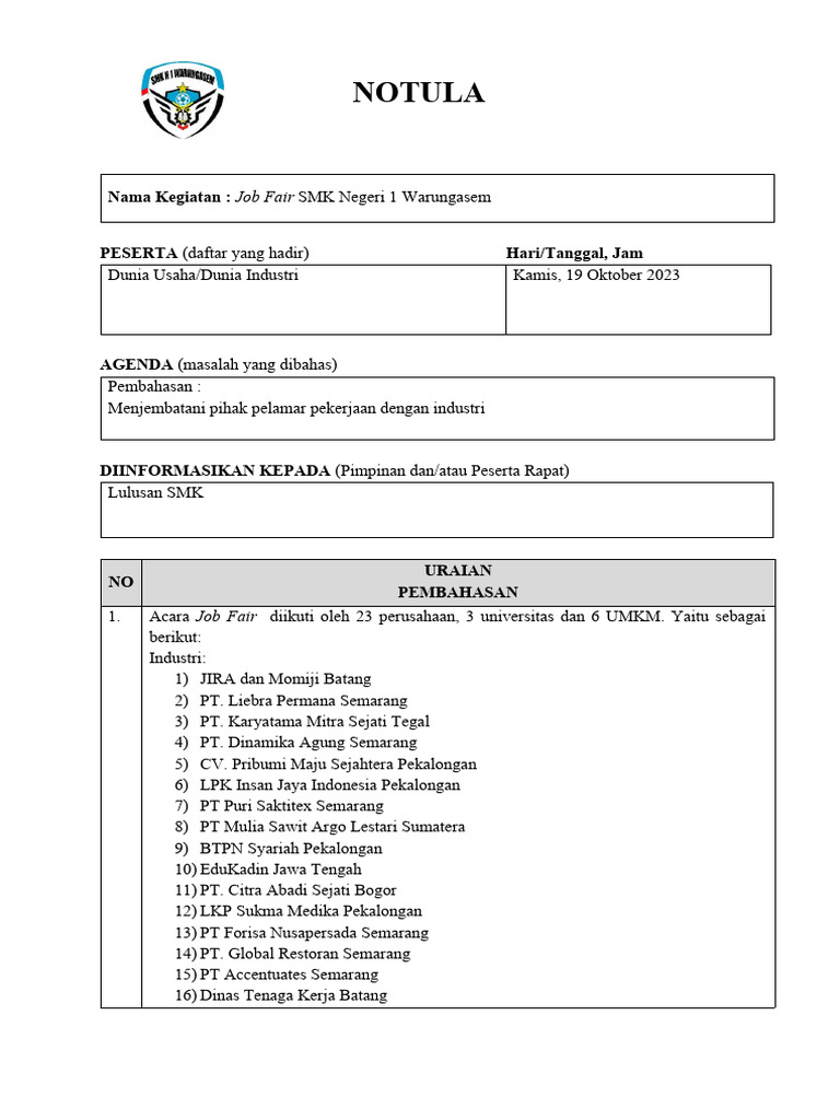 Format Notula Kegiatan - Job Fair | PDF