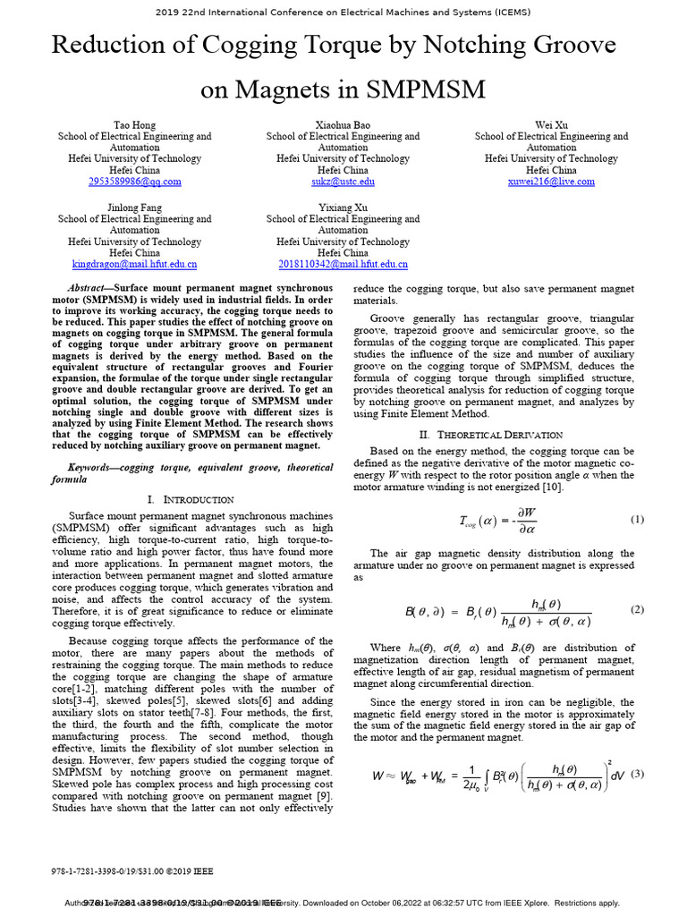2019 Reduction of Cogging Torque by Notching Groove On Magnets in ...