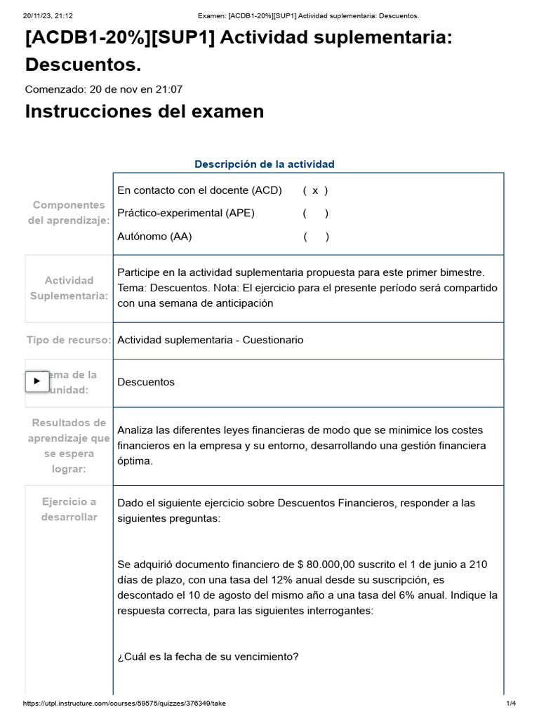 Examen - (ACDB1-20%) (SUP1) Actividad Suplementaria - Descuentos | PDF | Finanzas y dinero