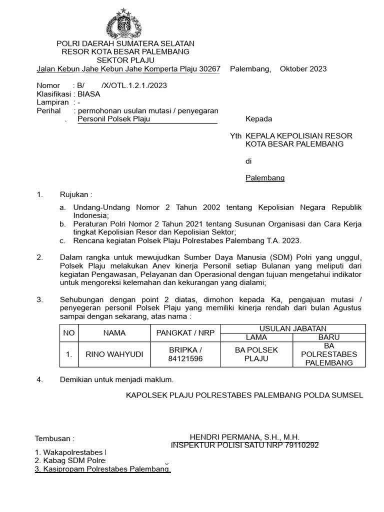 Surat Permohonan Ajuan Mutasi Personil 2023 | PDF