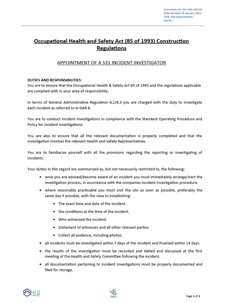 Appointment - S31 Incident Investigator - 2021 | PDF | Occupational ...