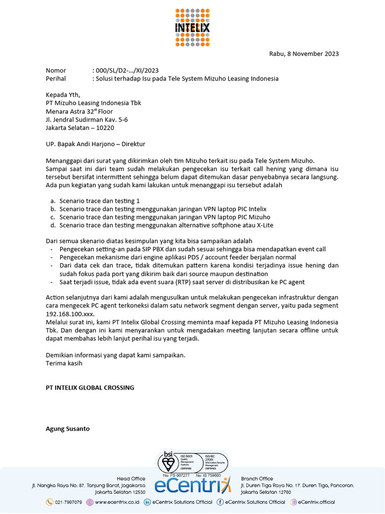 Draft Balasan Email Mizuho | PDF