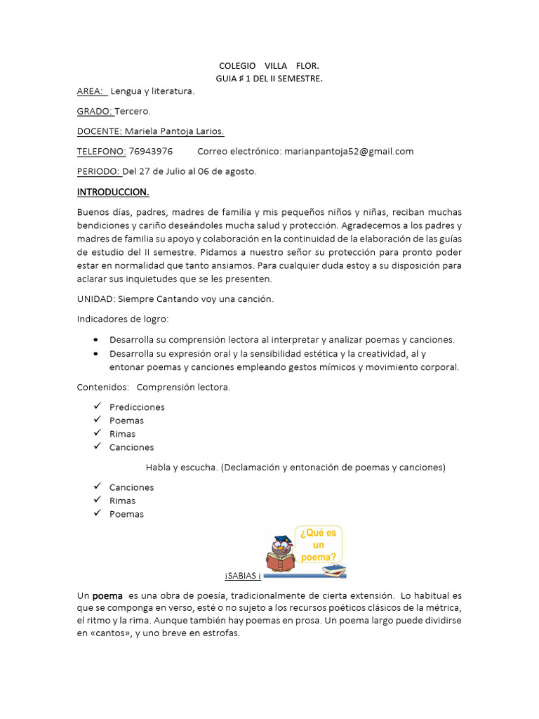 5ta Guia Del Lengua y Literatura 3er Grado | PDF | Poesía | Rima
