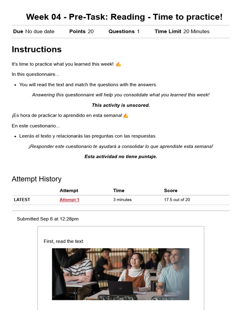 ? Week 04 - Pre-Task - Reading - Time To Practice! - INGLES I (7317) | PDF