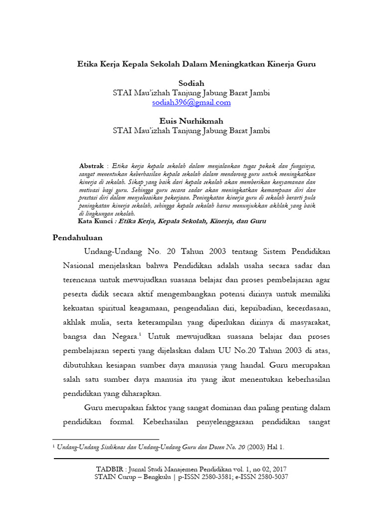 Etika Kerja Kepala Sekolah Dalam Meningkatkan Kine | PDF