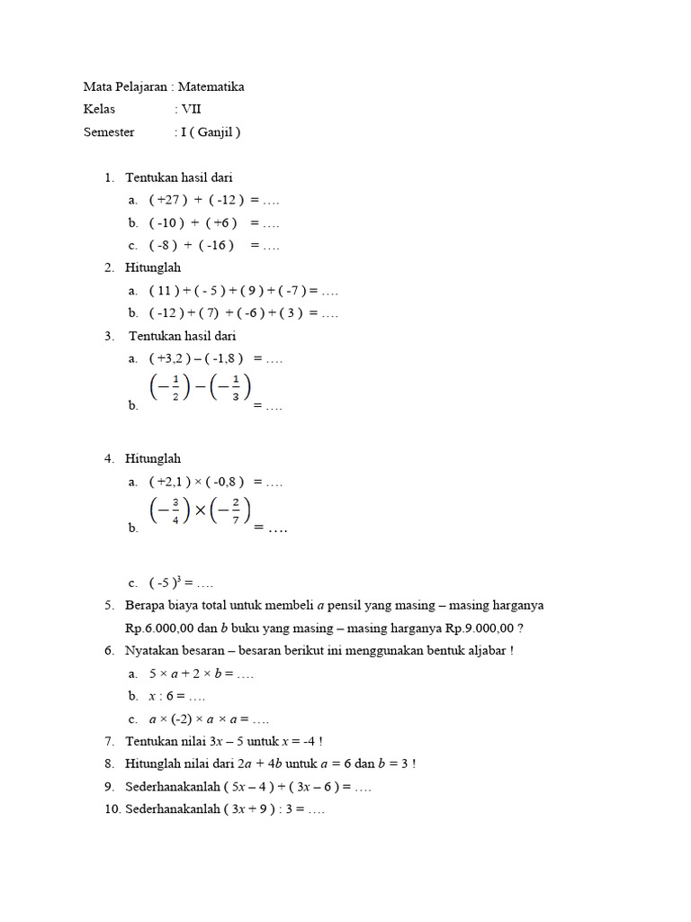 Soal Mata Pelajaran Matematika Kelas VII Semester Ganjil - Dot | PDF