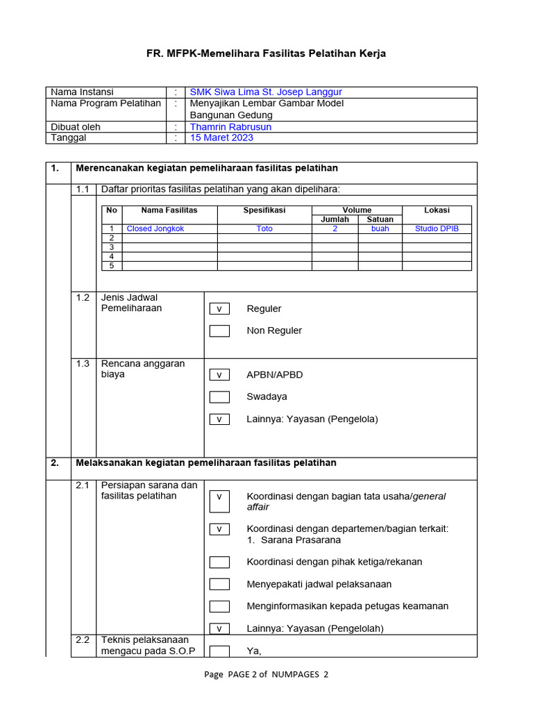 Contoh FR - Memelihara Fasilitas PK | PDF