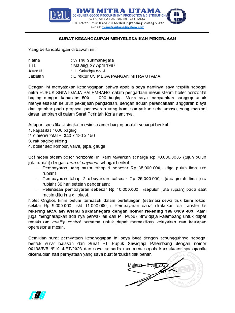 Surat Kesanggupan Steam Boiler | PDF