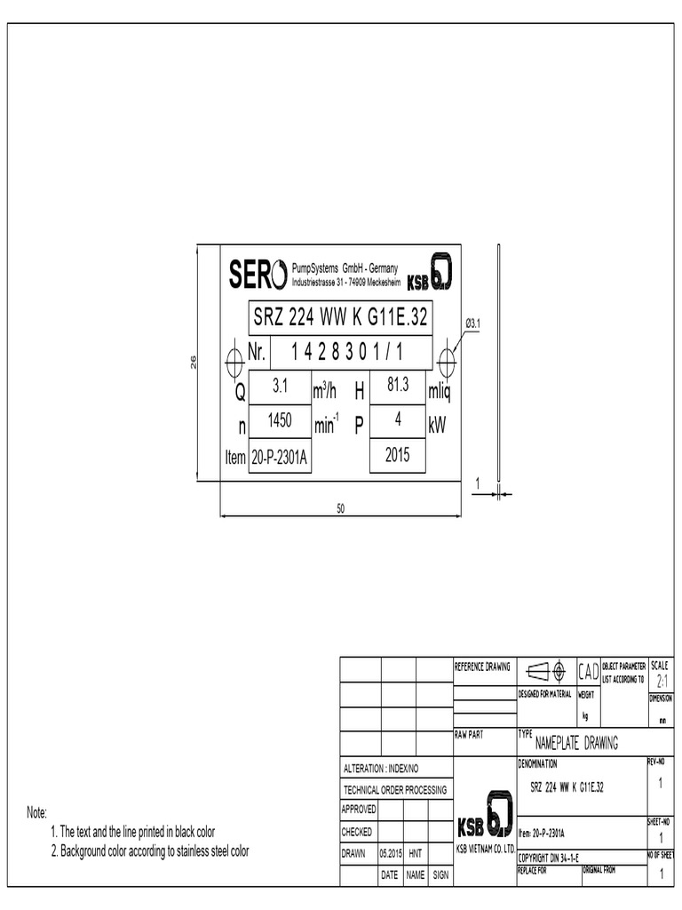 20P2301!78!001 - Nameplate Drawing Item 20-P-2301 A-B Rev.1 - Final Book | PDF