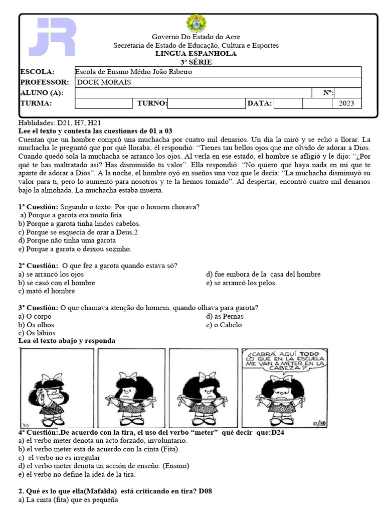 Avaliação de Espanhol 2023 4º Bimestre 3º Anos | PDF | Tipología ...