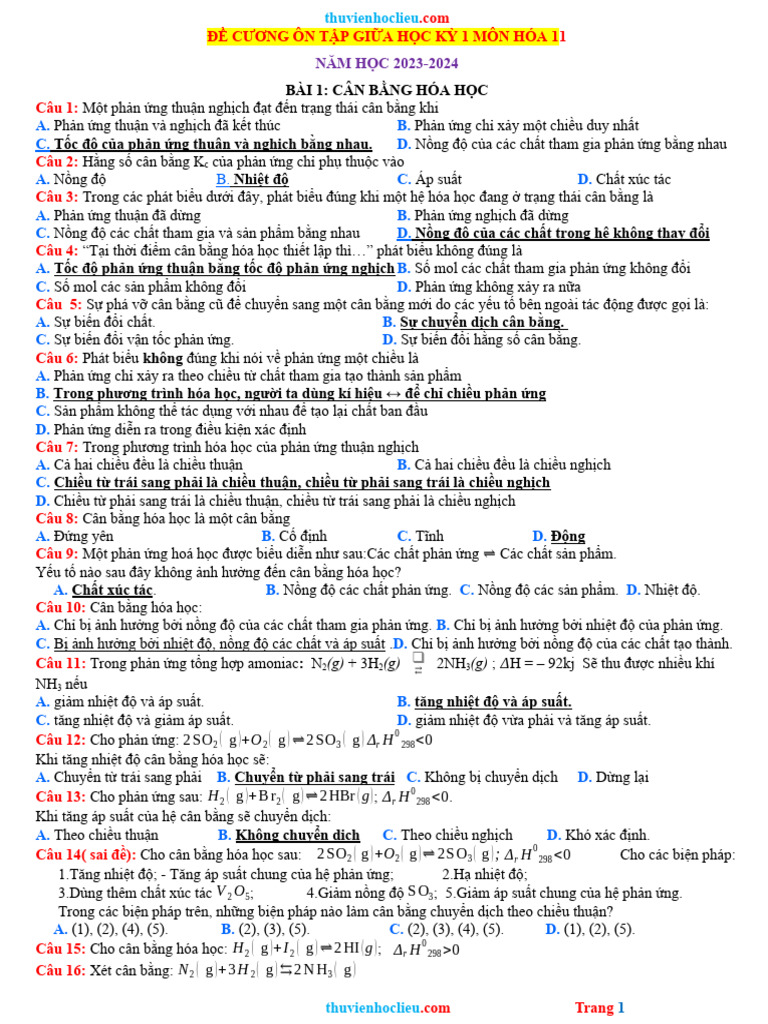 De Cuong On Tap Hoa 11 Giua HK1 CTST | PDF