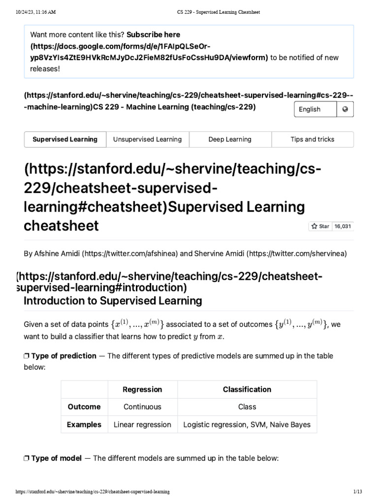 CS 229 - Supervised Learning Cheatsheet | PDF | Logistic Regression | Support Vector Machine