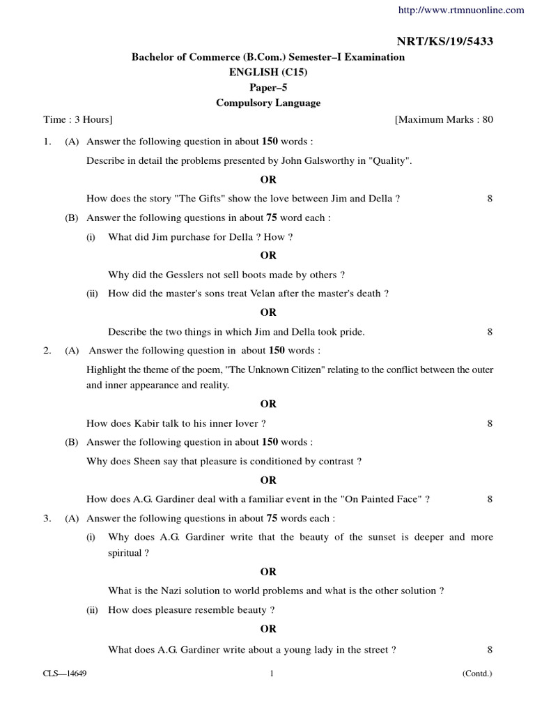 Bcom 1 Sem English Compulsory Language Summer 2019 | PDF