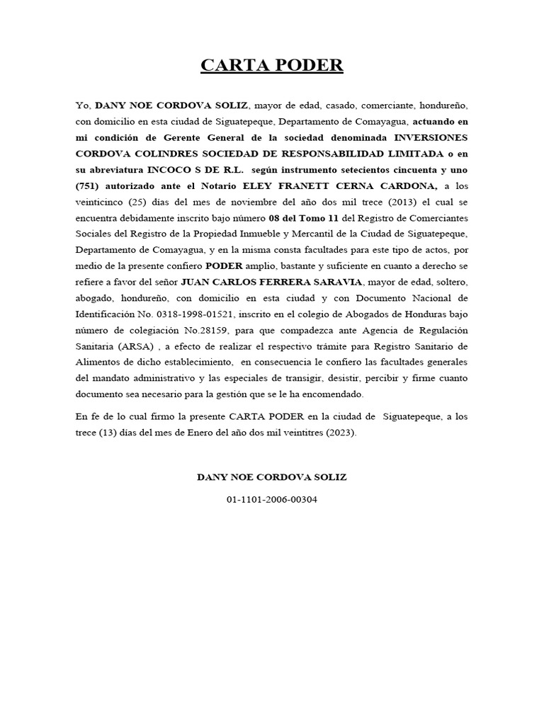 Carta Poder Dany Cordova | PDF | Propiedad | Honduras