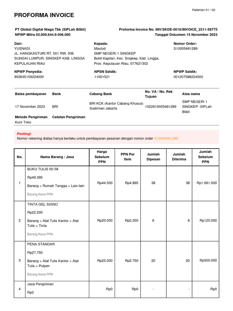 Proforma-Invoice-S10005461289-buku Dodo | PDF
