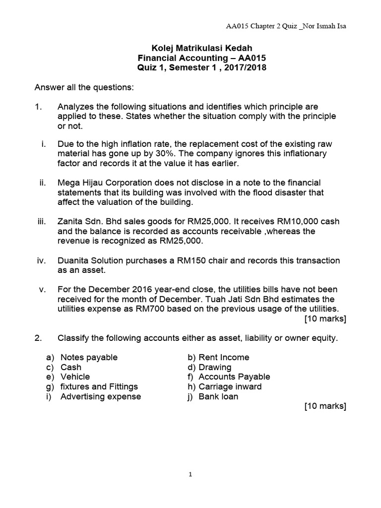 AA015 Chapter 2 Quiz 1 | PDF | Expense | Equity (Finance)