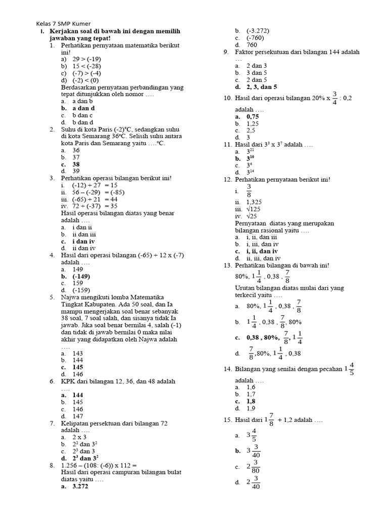 Pas MTK Kelas 7 Kumer | PDF