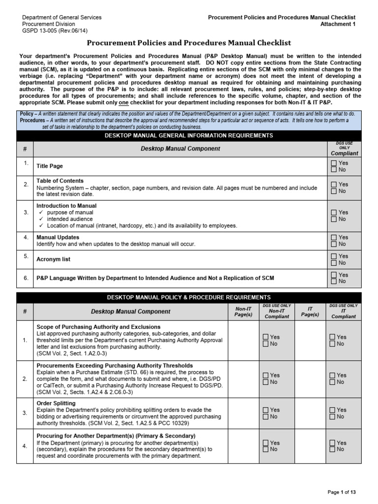 Procurement Polices and Procedures Manual Checklist | PDF | Procurement ...
