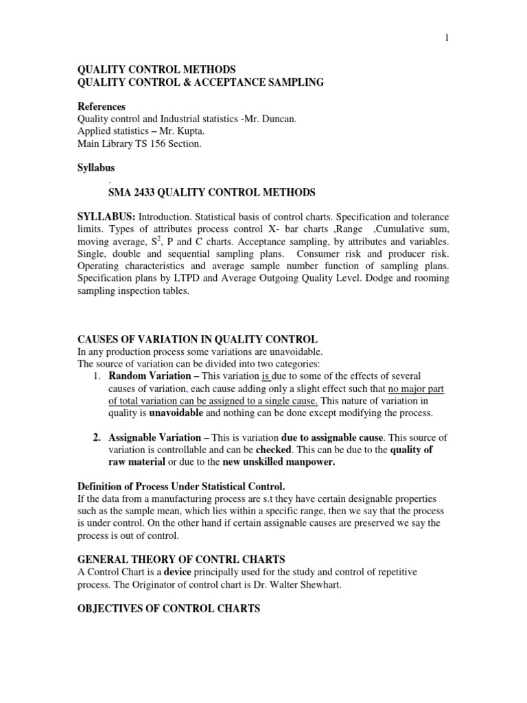 QUALITY CONTROL METHODS lECTURE NOTES | PDF | Variance | Probability Theory