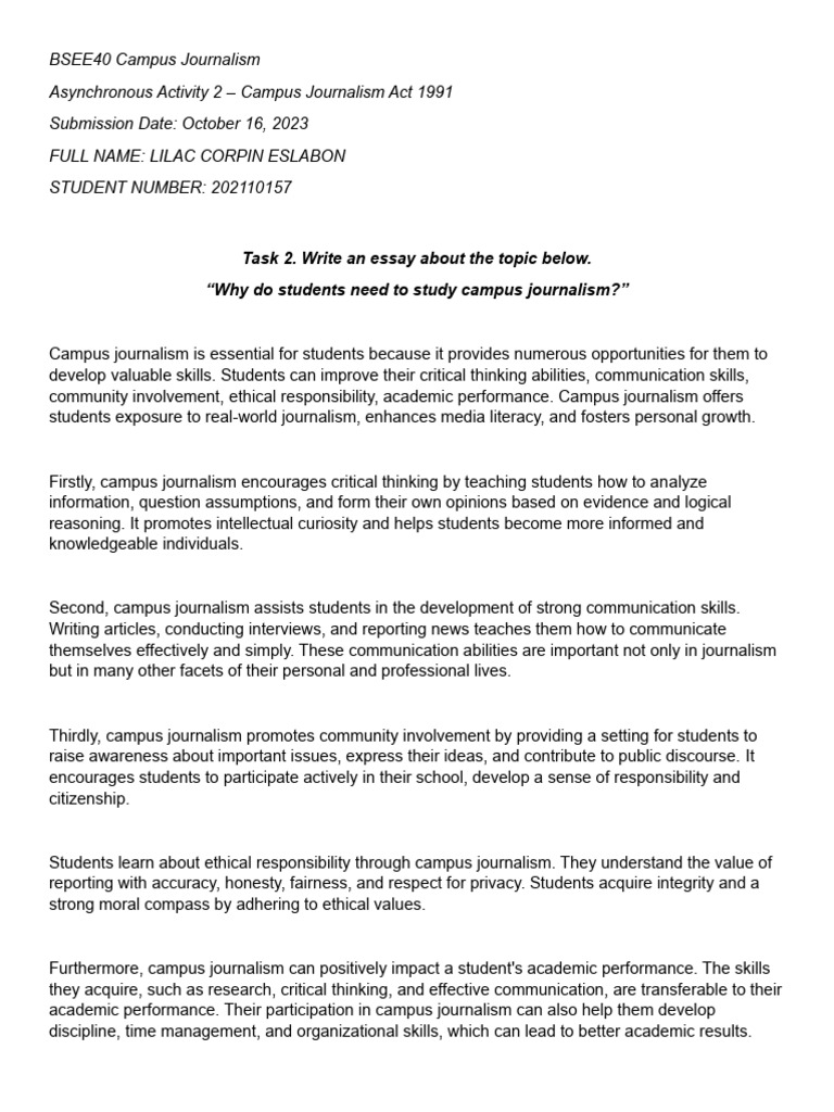 Task 2 Campus Journ Pdf Critical Thinking Journalism