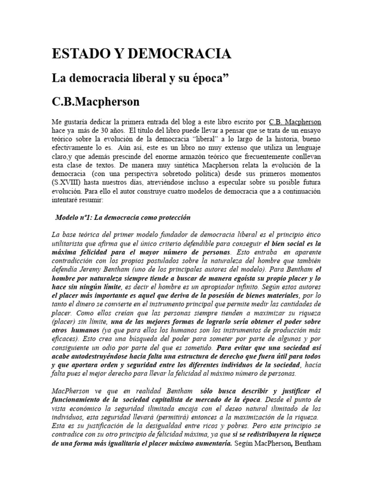 A-La Democracia Liberal y Su Epoca-Modelos de Macpherson | PDF ...