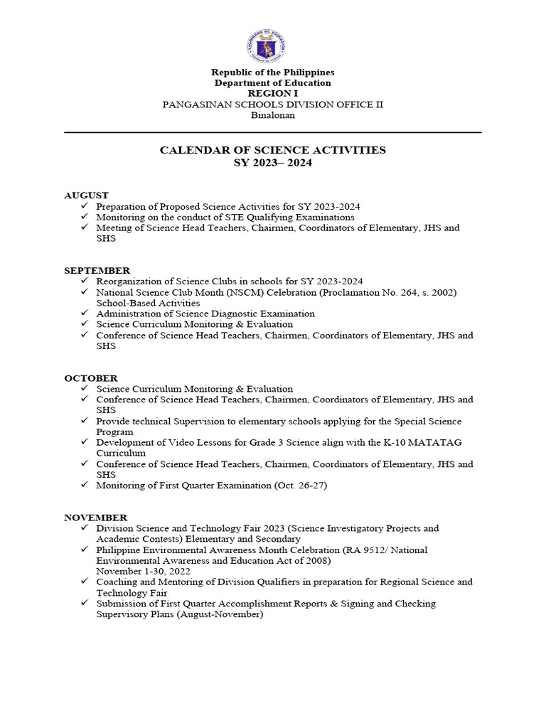 Calendar of Science Activities SY 2023-2024 | PDF | Middle Schools ...