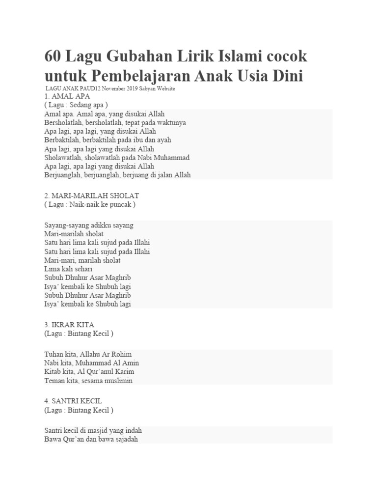 60 Lirik Lagu Islami Anak TK | PDF