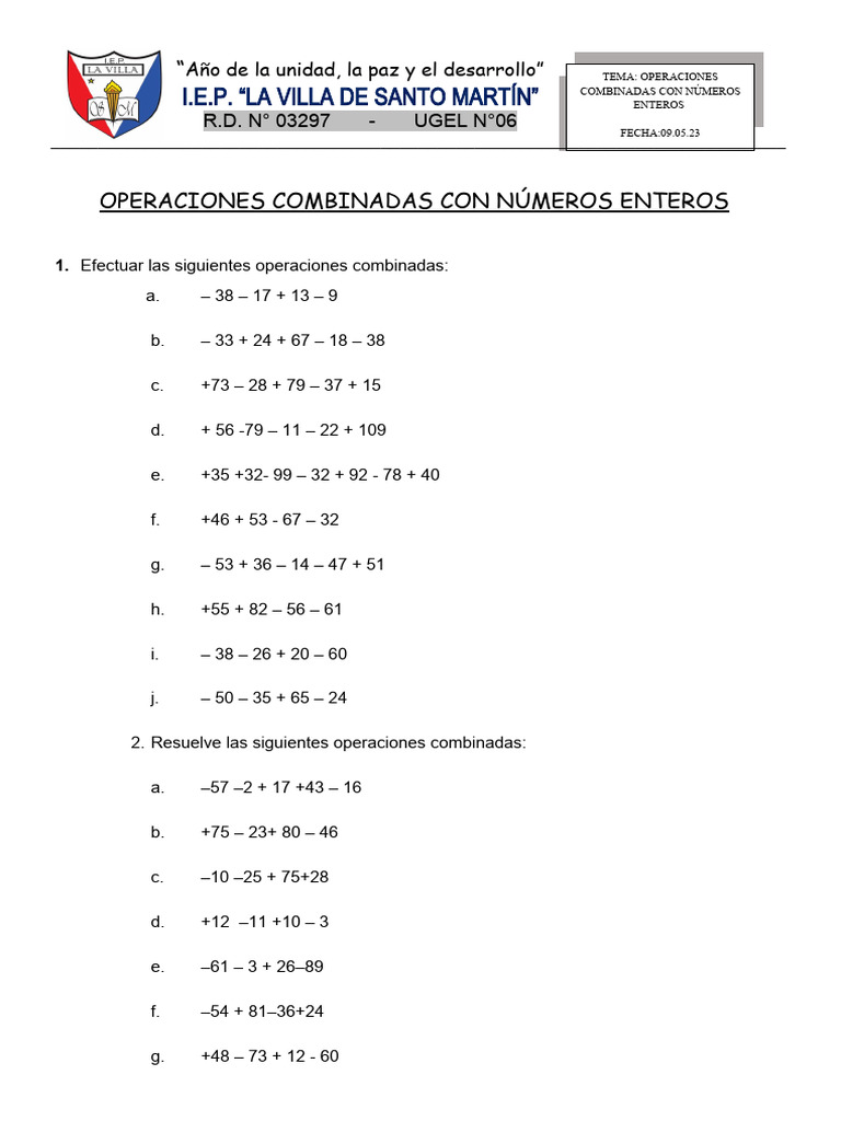 FICHA APLICATIVA Operaciones Combinadas de Numeros Enteros | PDF