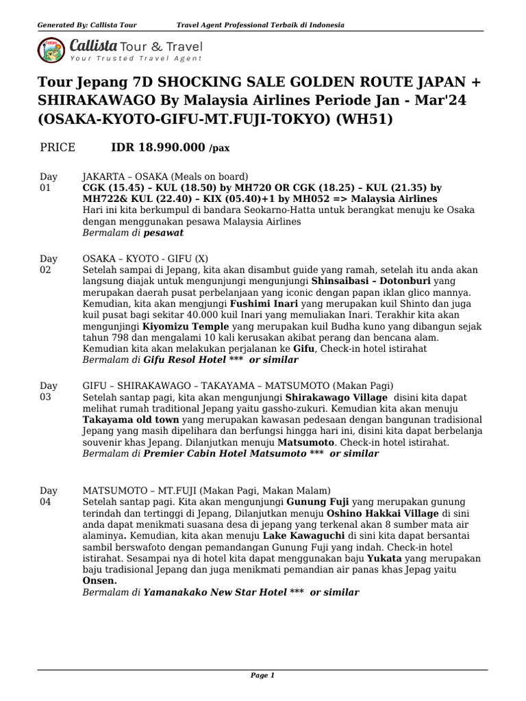 Tour Jepang 7d Shocking Sale Golden Route Japan Shirakawago by Malaysia Airlines Periode Jan Mar ...
