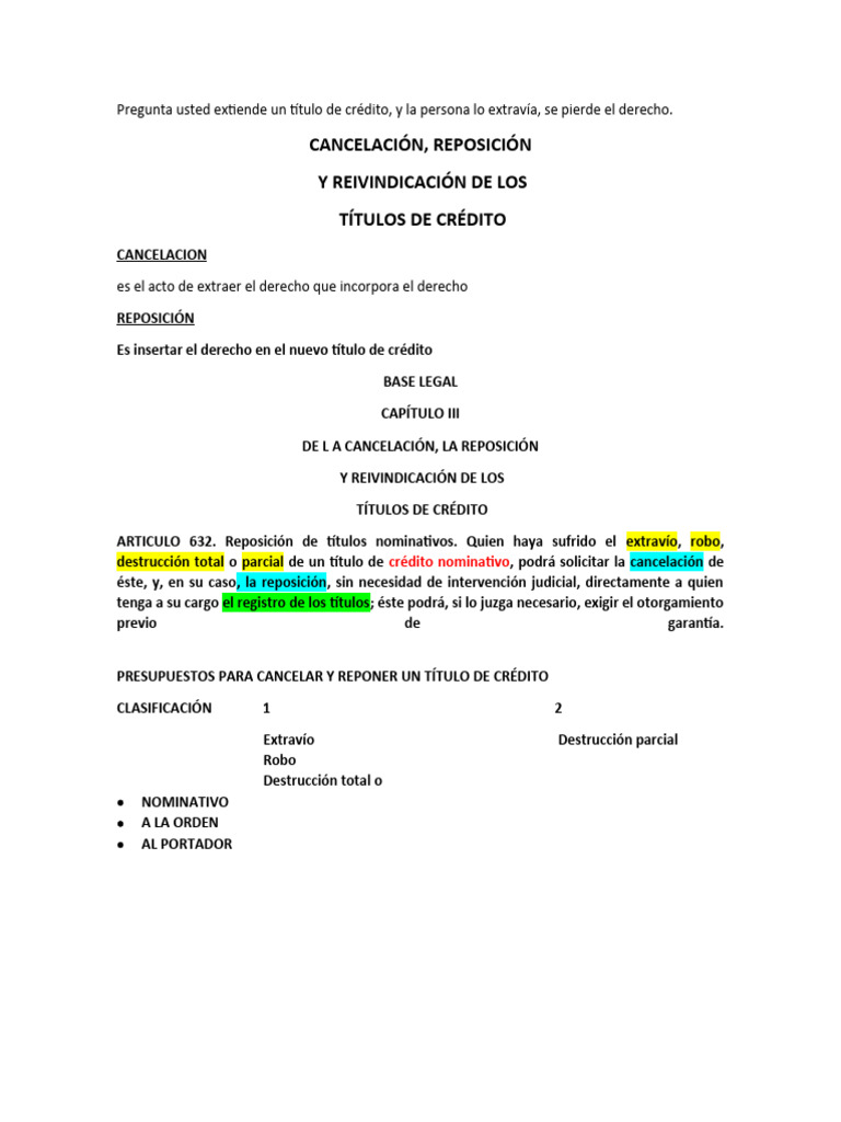Reposición Cancelación Y Reivindicación De Los Titulos De Crédito