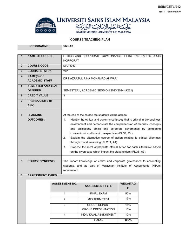 Course Teaching Plan MAA 4043 | PDF | Governance