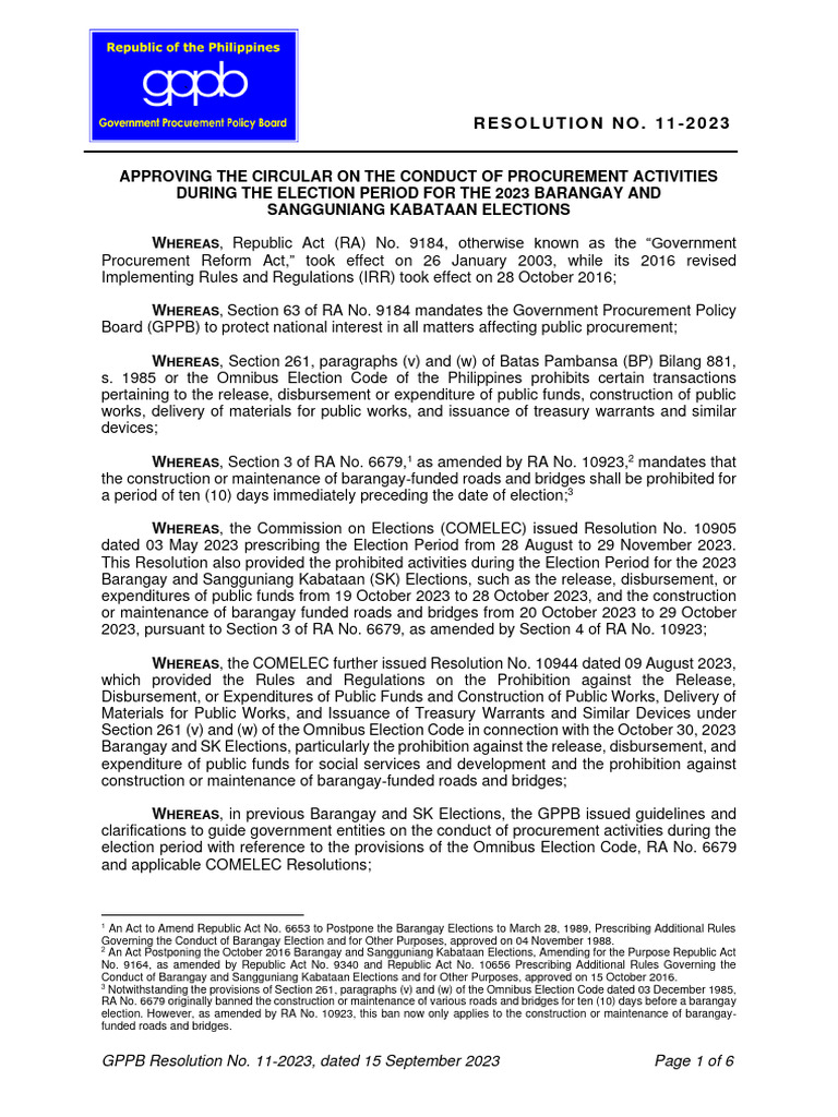 GPPB Resolution No. 11 2023 | PDF | Commission On Elections (Philippines) | Infrastructure