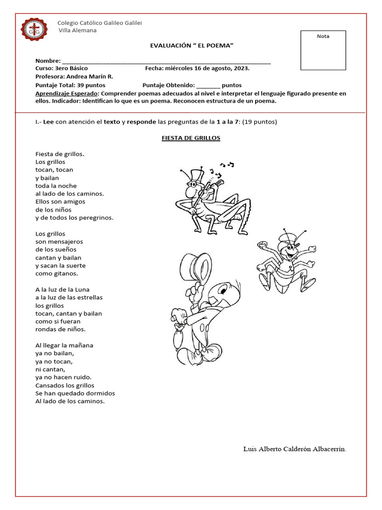 Evaluación Poema y Sus Características | PDF | Poesía | Rima