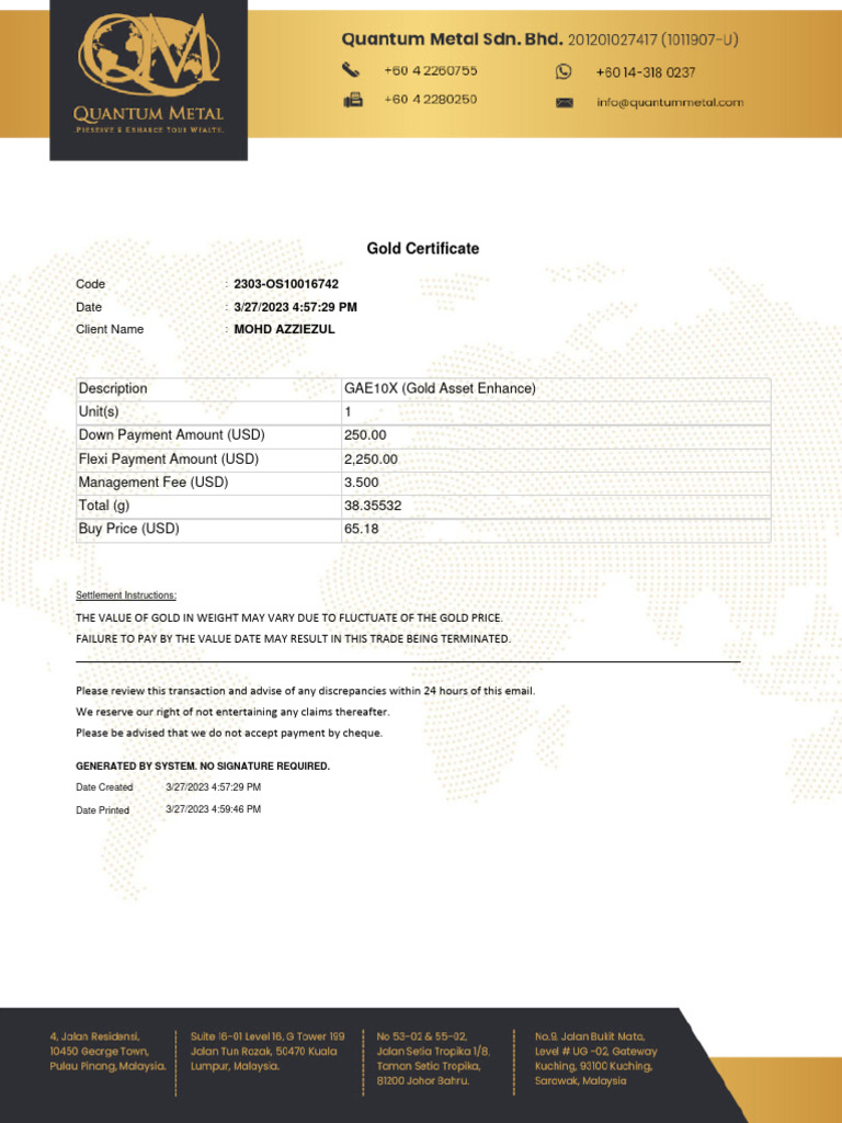 Gold Certificate Transaction Details | PDF