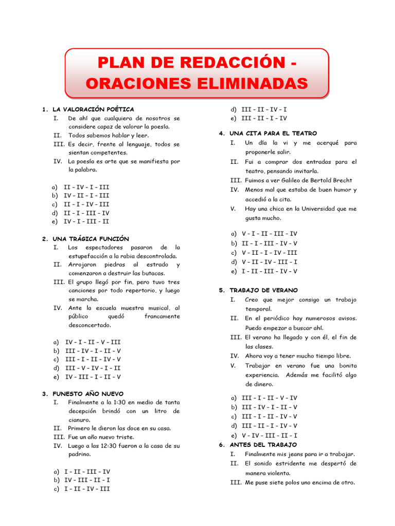 Ejercicios de Plan de Redaccion y Oraciones Eliminadas | PDF | Bronce | Machu Picchu
