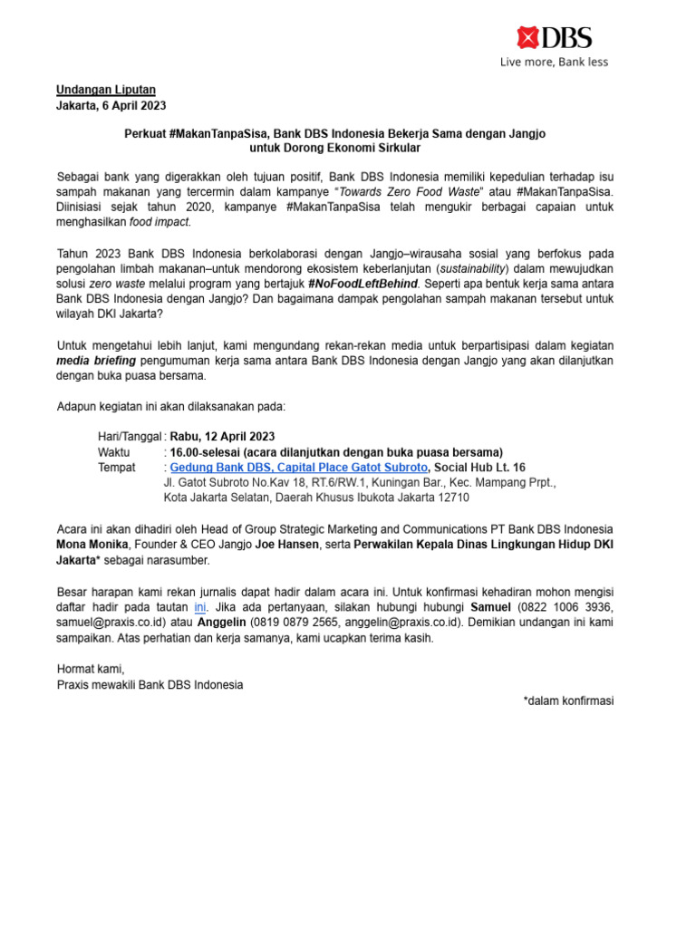 (DBS) Undangan Liputan - Perkuat #MakanTanpaSisa, Bank DBS Indonesia Bekerja Sama Dengan Jangjo ...