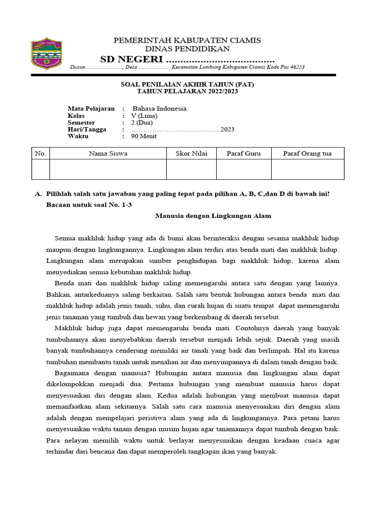 Soal PAT Bahasa Indonesia Kelas 5 SD Semester 2 | PDF | Kajian Bahasa Asing | Sains & Matematika