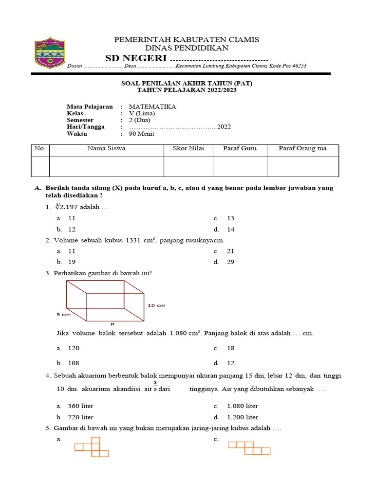 Soal PAT Matematika Kelas 5 SD Semester 2 . | PDF