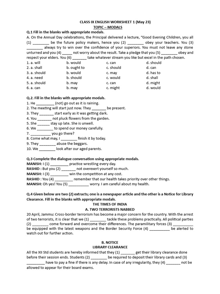 IX-Modals Worksheet-May 23 | PDF