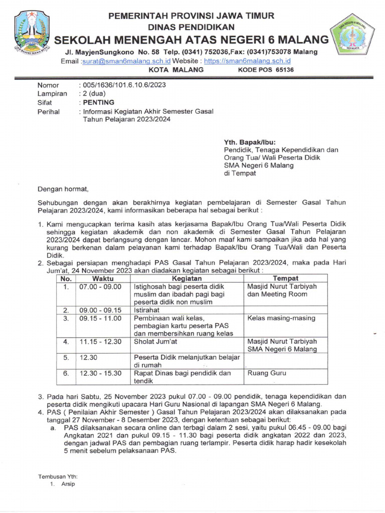 Surat Edaran Kegiatan Akhir Semester Gasal Tahun Pelajaran 2023-2024 | PDF