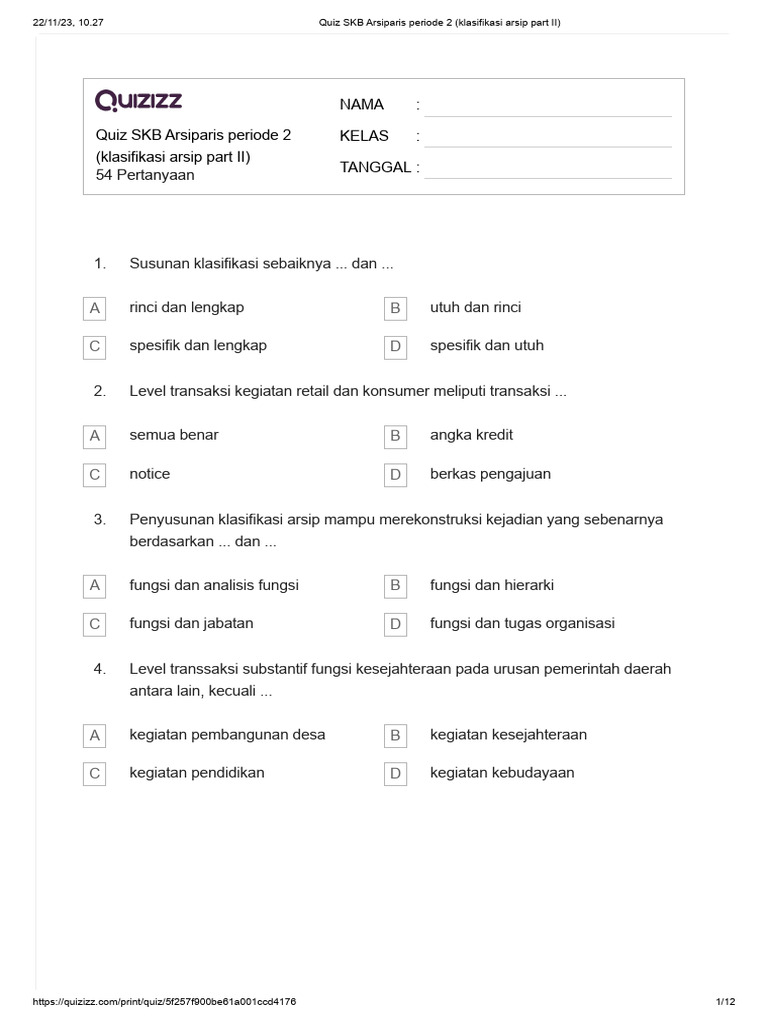 Quiz SKB Arsiparis Periode 2 (Klasifikasi Arsip Part II) | PDF