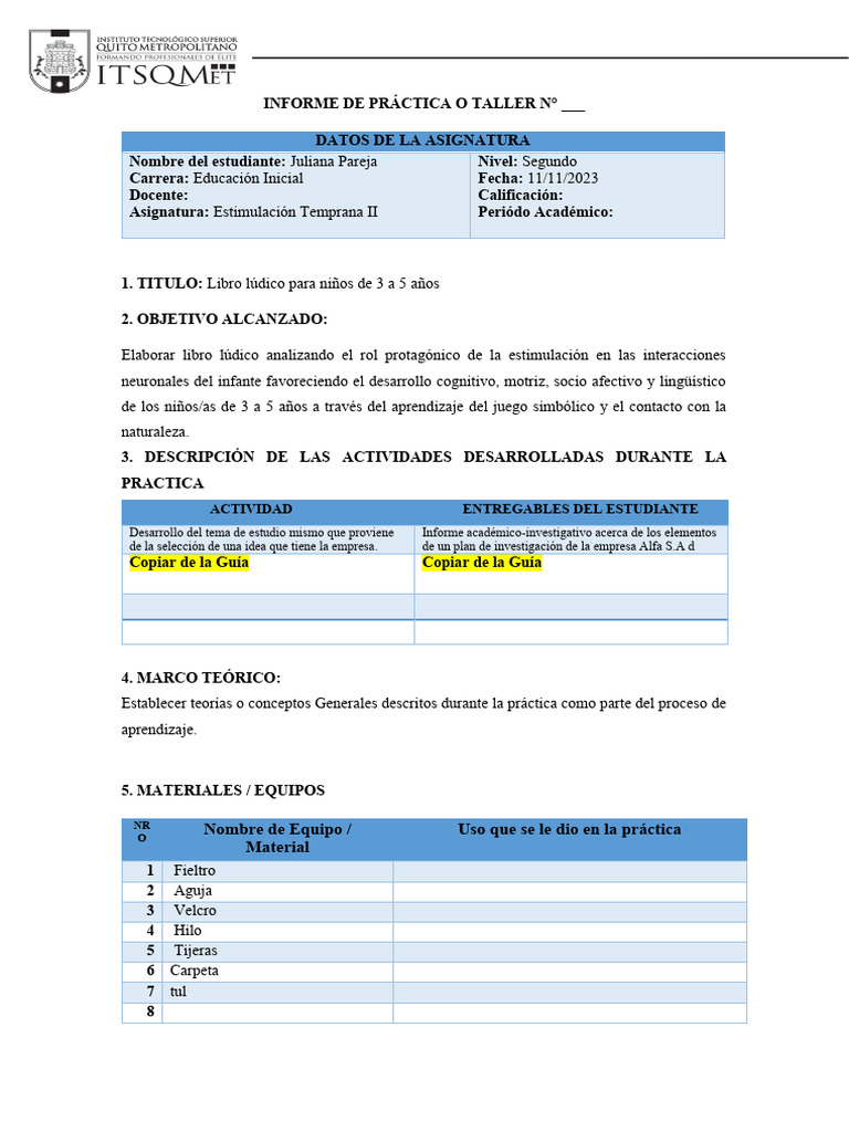 Informe de Práctica - Taller | PDF | Aprendizaje | Maestros