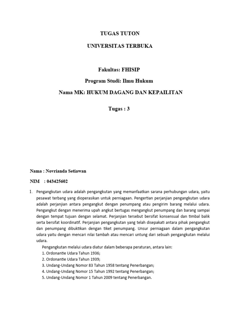 Tugas Tuton Hukum Dagang Dan Kepailitan 3 Pdf 