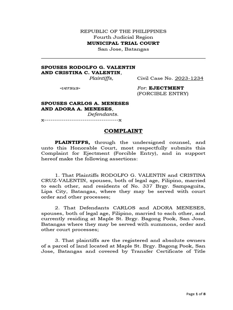 Complaint Ejectment Forcible Entry | PDF | Title (Property) | Lawsuit
