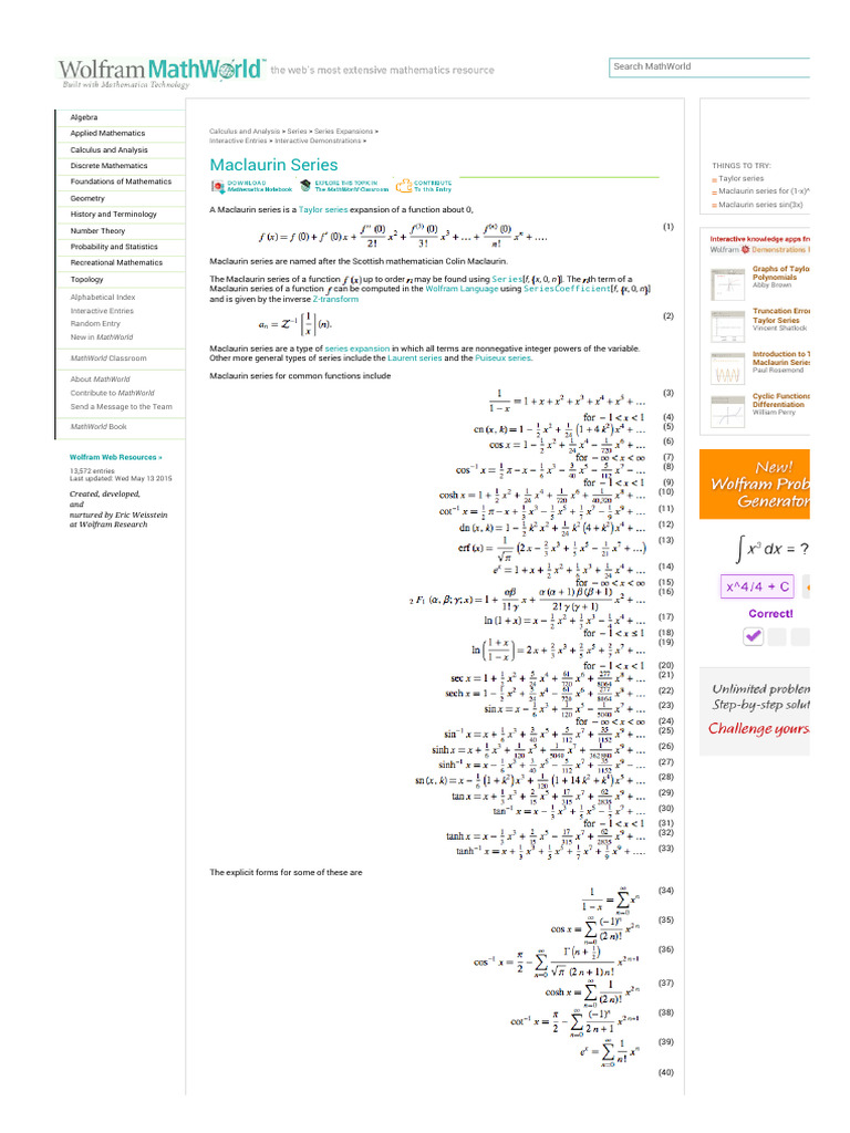 Maclaurin Series - From Wolfram MathWorld | PDF | Function (Mathematics ...