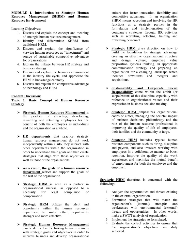 SHRM Module 1 Summary | PDF | Human Resource Management | Strategic Management